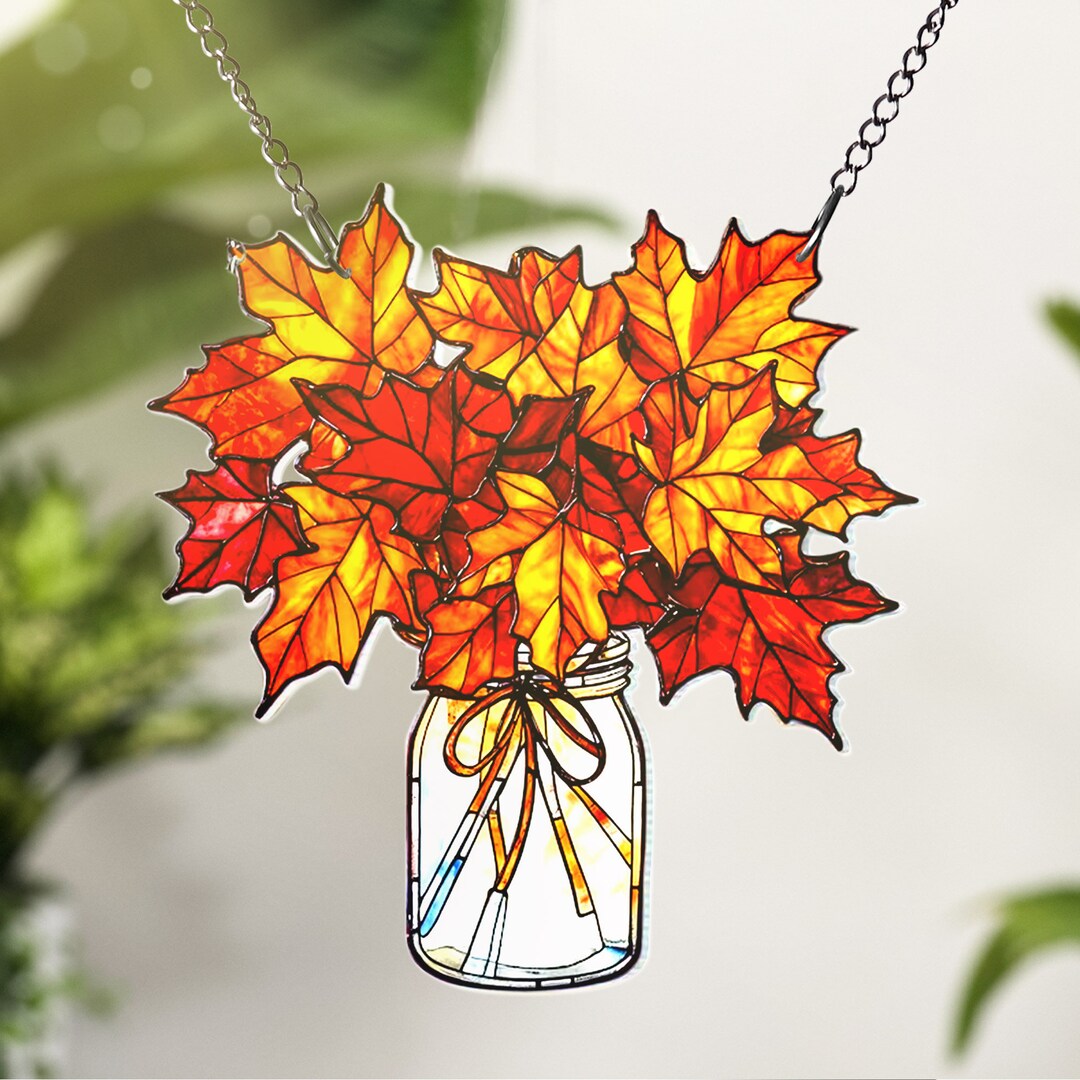 Autumn Leaves Window Decor, Flowers Acrylic Window Hanging Art ...