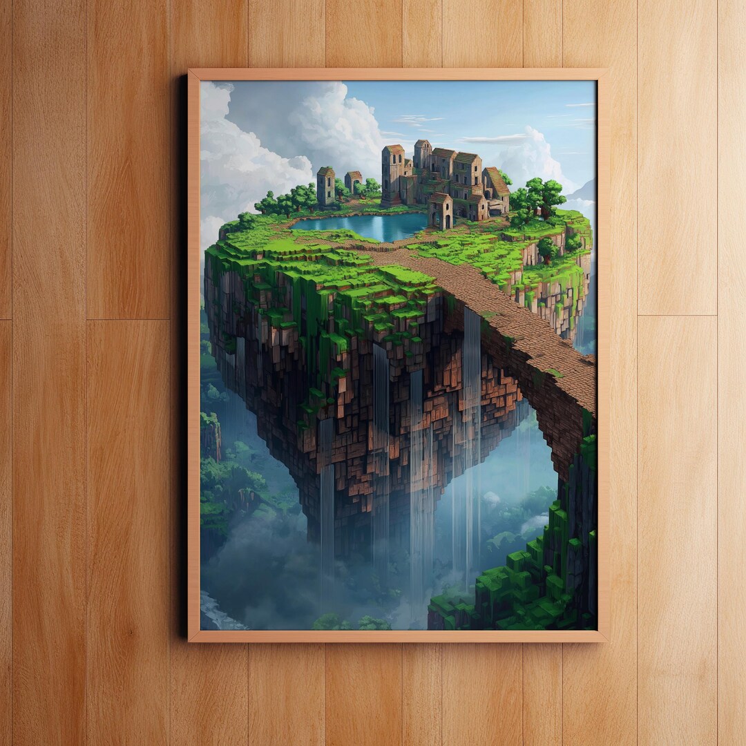 Floating Island Minecraft Wall Art, Pixelated Game Poster, Gamer Room ...