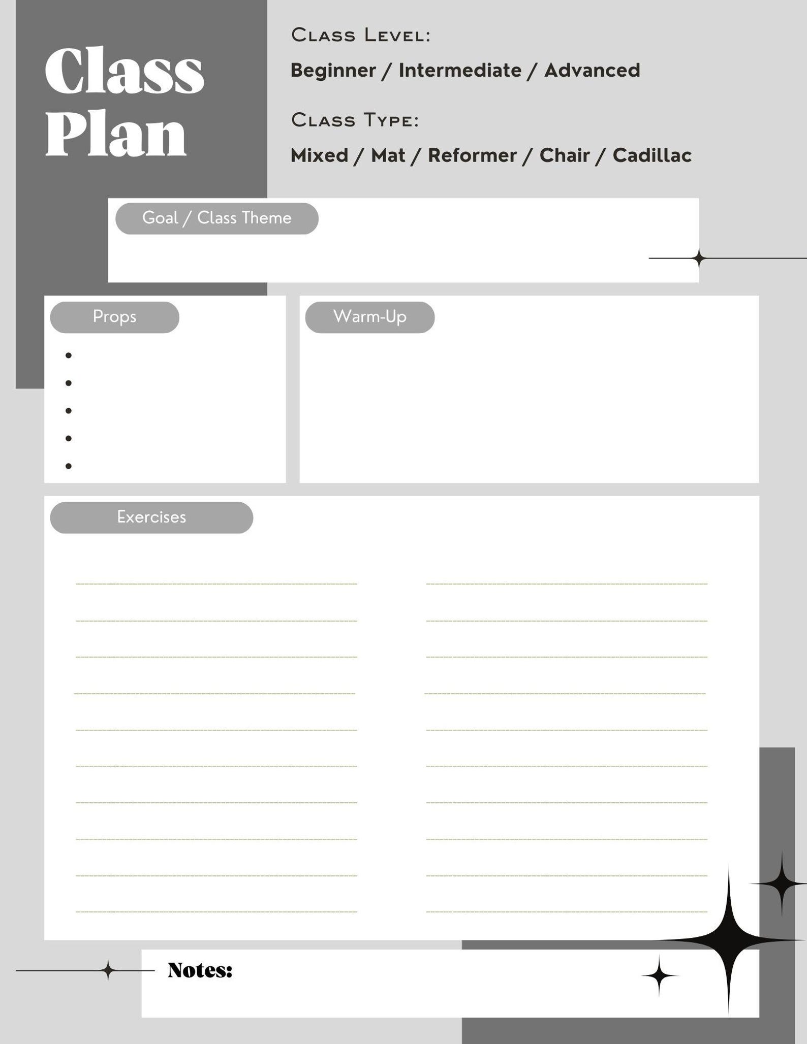Pilates Class Plan PDF Printable Template for Instructors Digital ...