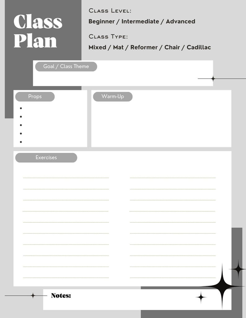Pilates Class Plan PDF Printable Template for Instructors Digital ...