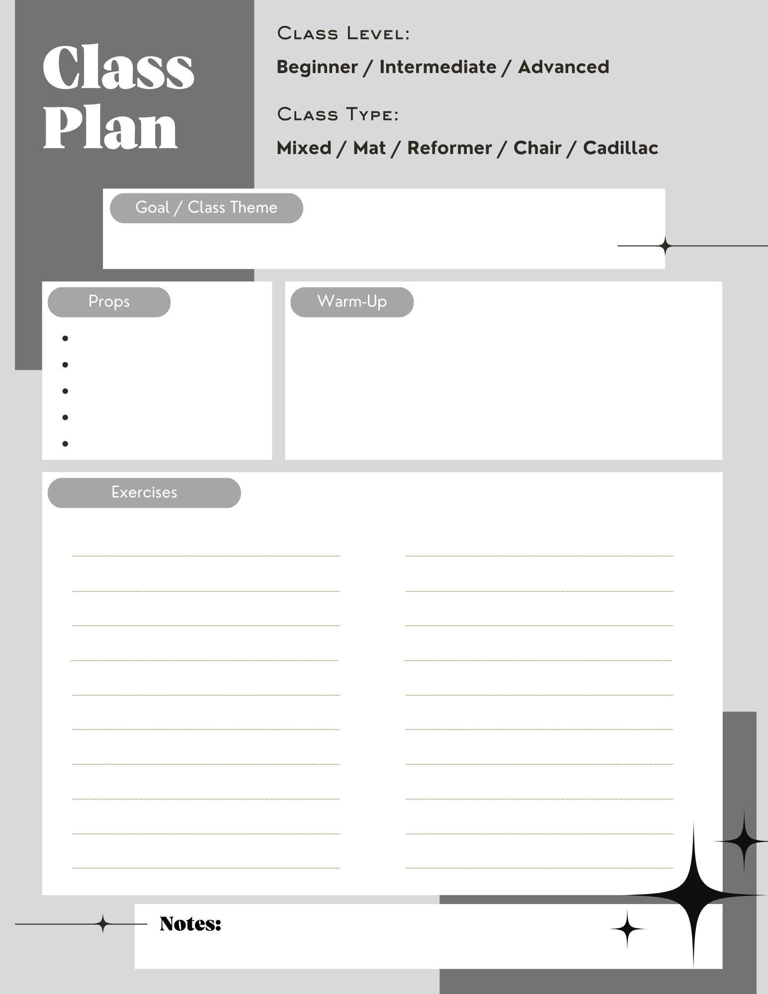 Pilates Class Plan PDF Printable Template for Instructors Digital ...