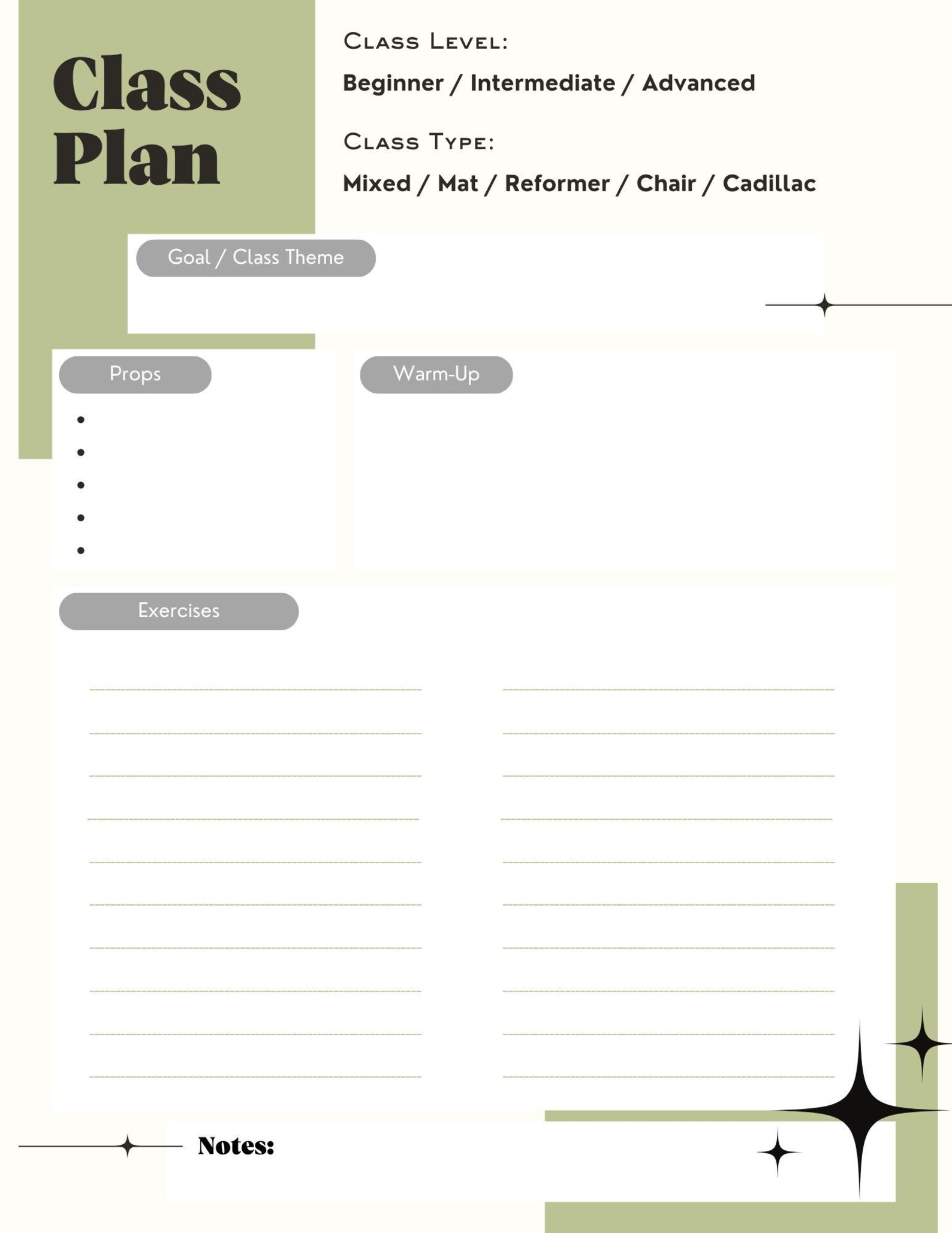 Pilates Class Plan PDF Printable Template for Instructors Digital ...
