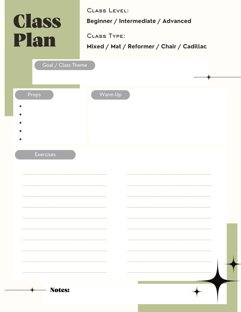Pilates Class Plan PDF Printable Template for Instructors Digital ...