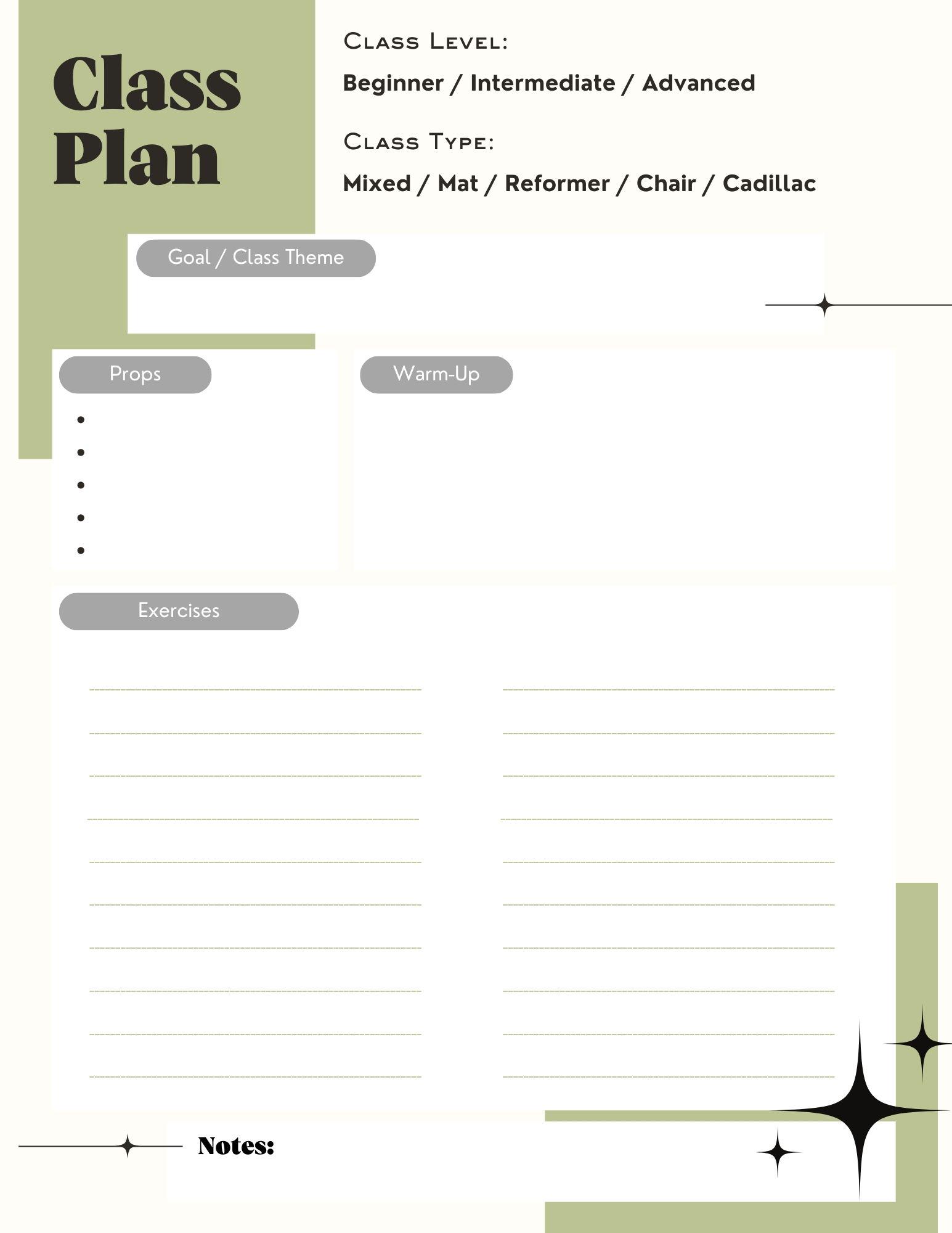 Pilates Class Plan PDF Printable Template for Instructors Digital ...