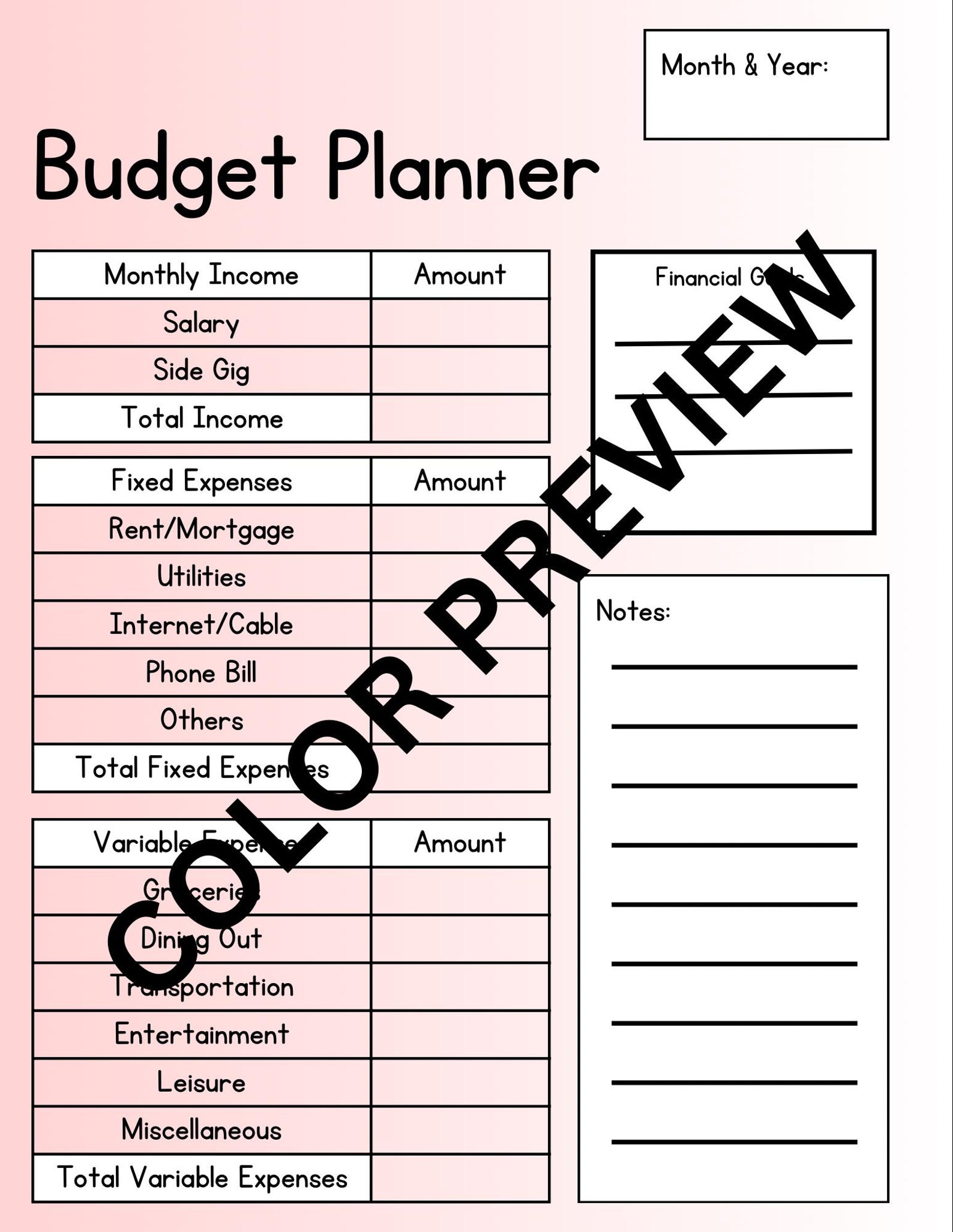 BUDGETING/FINANCING SHEET (multiple Colors Available!!) - Etsy