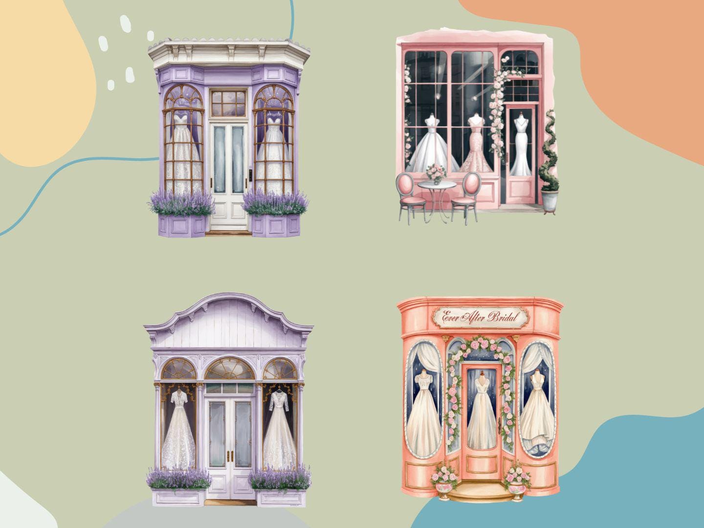 Bridal Shop Storefront Clipart, Pastel Bridal Dress PNG, Vintage ...