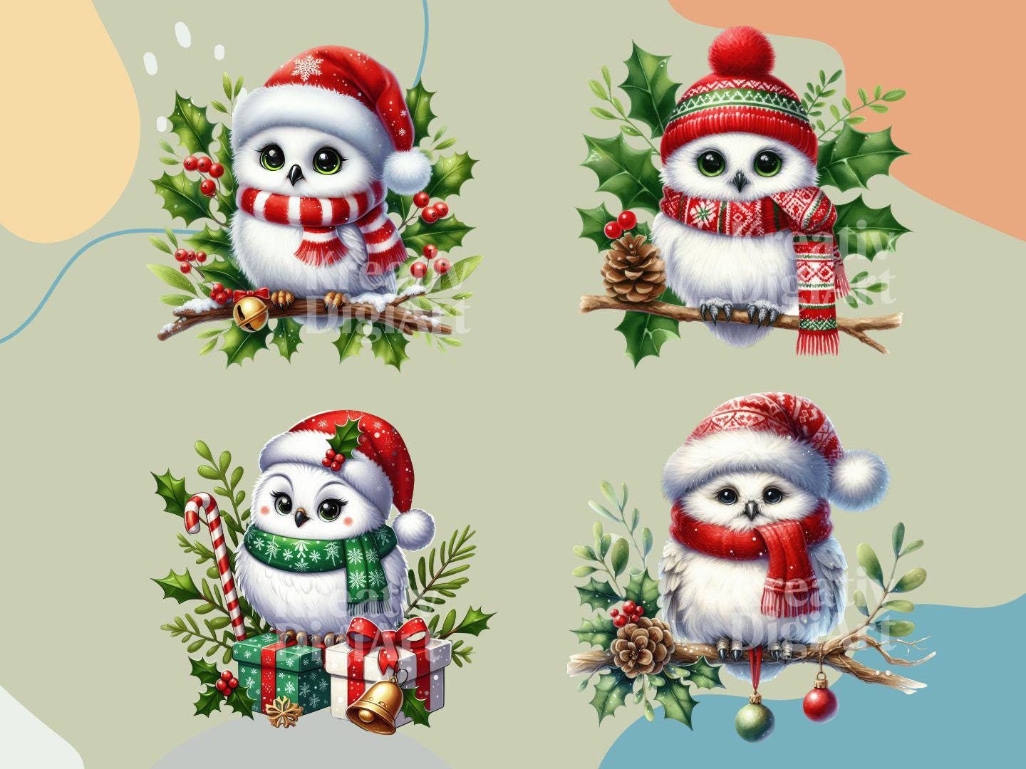 Christmas Owl Clipart Bundle, Watercolor Snow Owl With Santa Hat, Cute ...