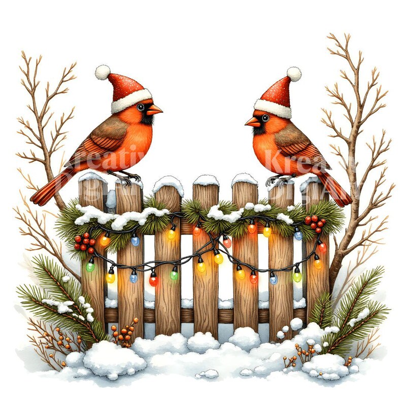 12 Christmas Cardinal Clipart, Watercolor Snowy Fence, Holiday Red ...