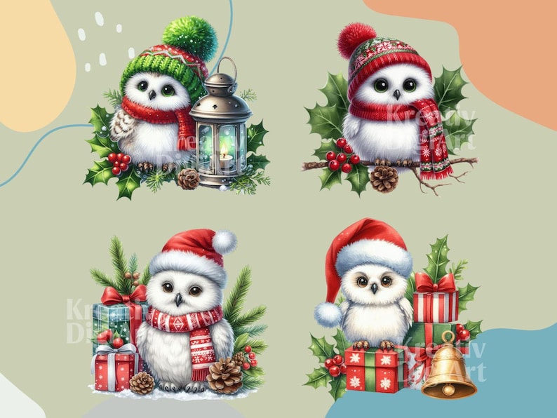 Christmas Owl Clipart Bundle, Watercolor Snow Owl With Santa Hat, Cute ...