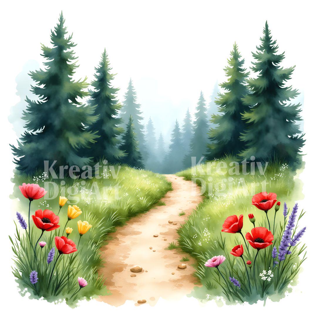 12 Watercolor Forest Path Clipart Bundle, Misty Evergreen Trees ...