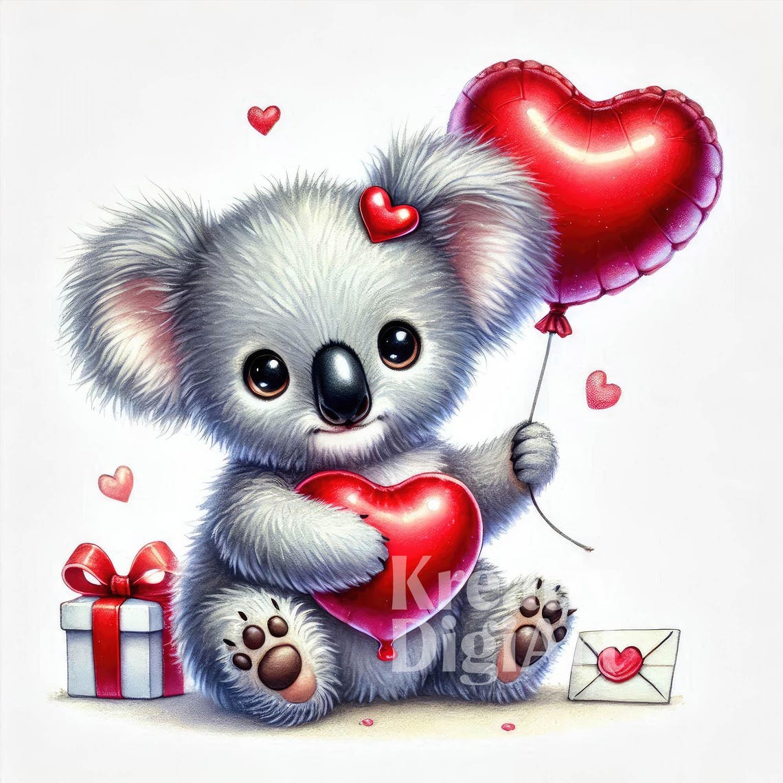 Valentine Baby Animal Clipart, Cute Animals Holding Heart Balloons, Red ...