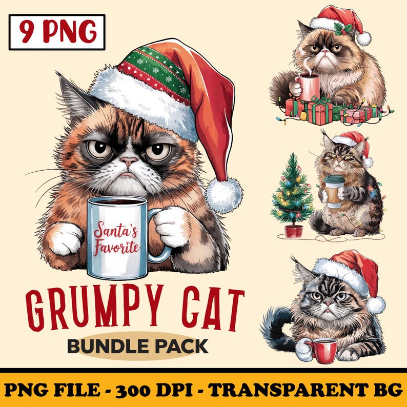 Grumpy Coffee Cat Clipart, Quirky Santa Cat With Coffee PNG, Coffee ...