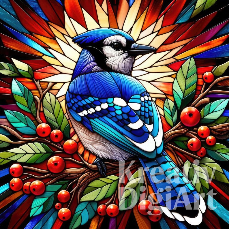 Blue Jay Bird Stained Glass Clipart, Square Blue Jay JPG, Bluejay Clip ...