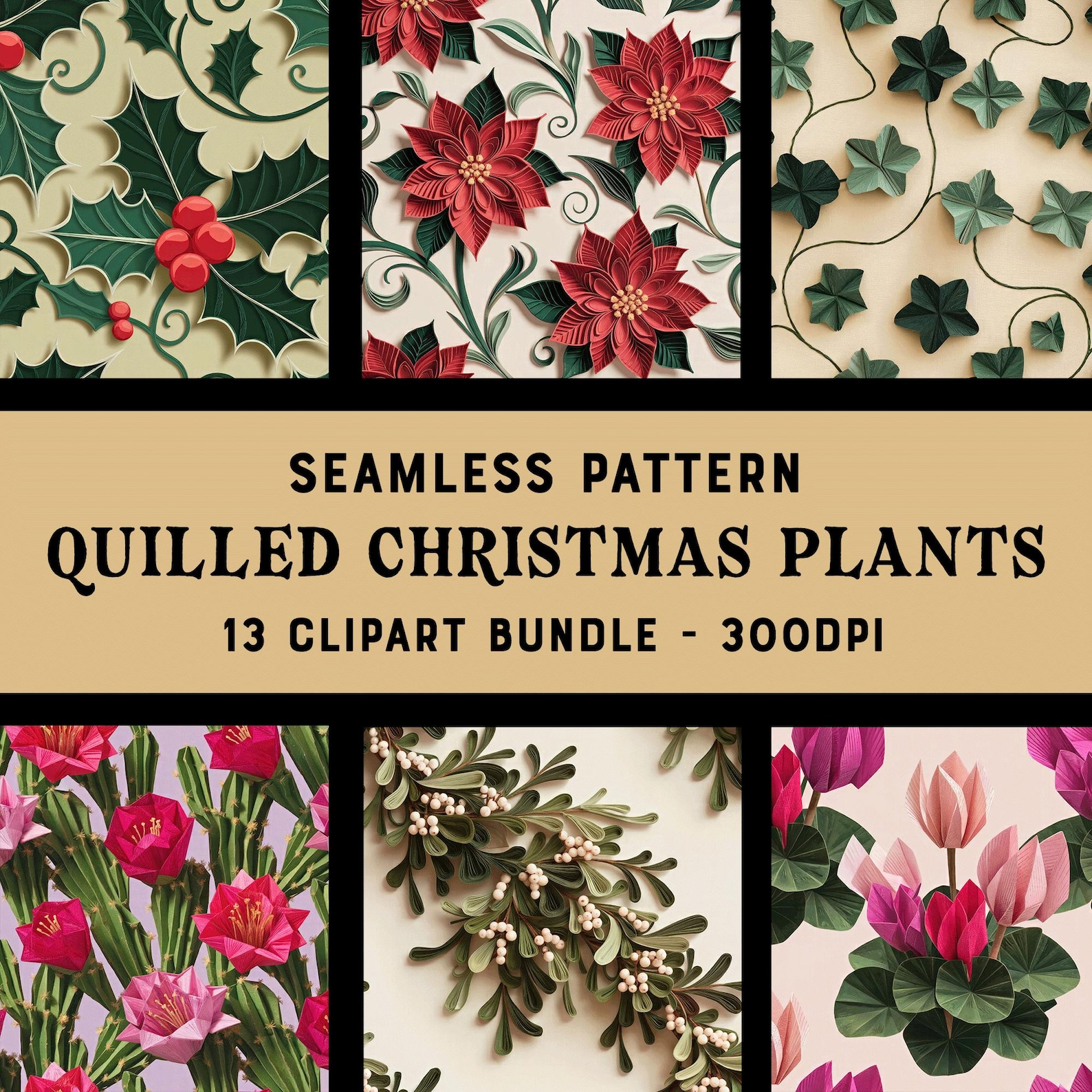 Quilling Christmas Plants Clipart, Quilled Christmas Flowers Seamless ...