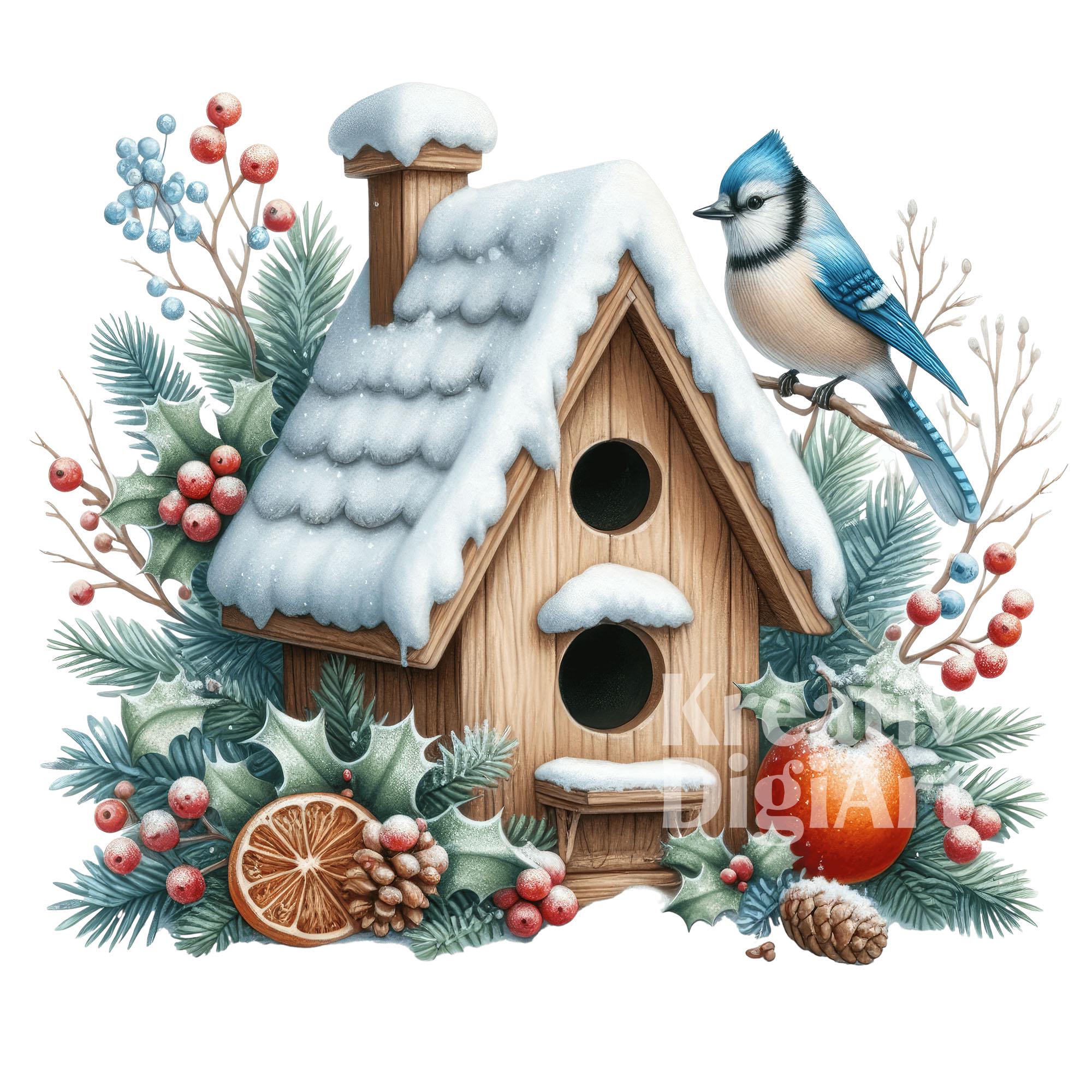 Winter Birdhouse Clipart, Watercolor Birdhouse PNG, Floral Bird House ...