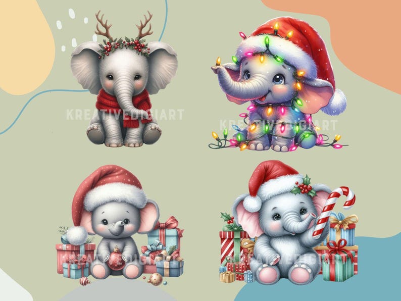 Christmas Elephants Clipart, Baby Elephants With Santa Hat, Cute Baby ...