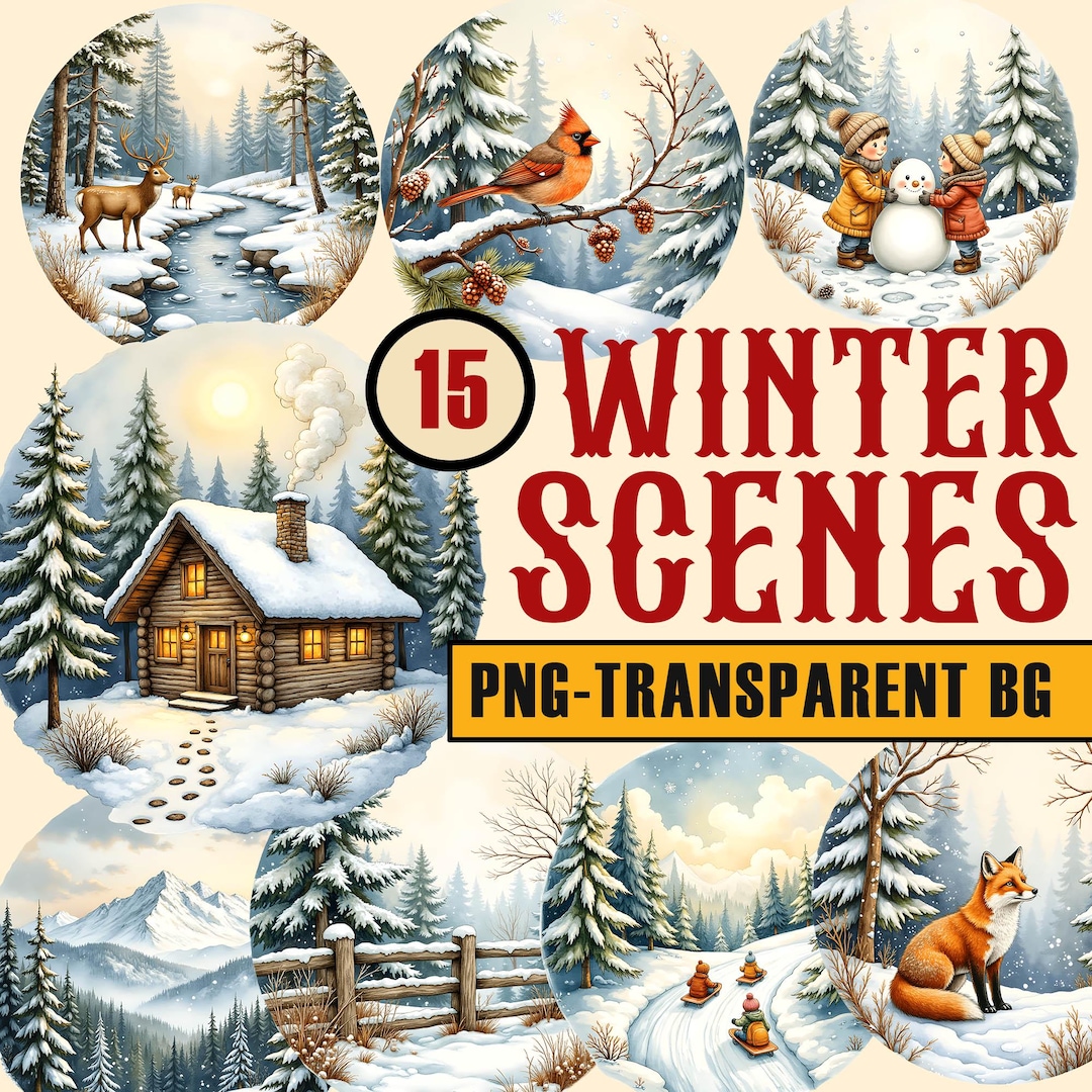 Circular Winter Scenes Landscape PNG, Winter Woodland Clipart, Snowy ...