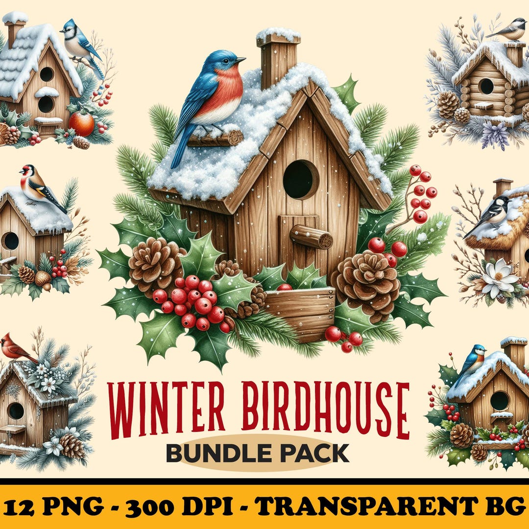 Winter Birdhouse Clipart, Watercolor Birdhouse PNG, Floral Bird House ...
