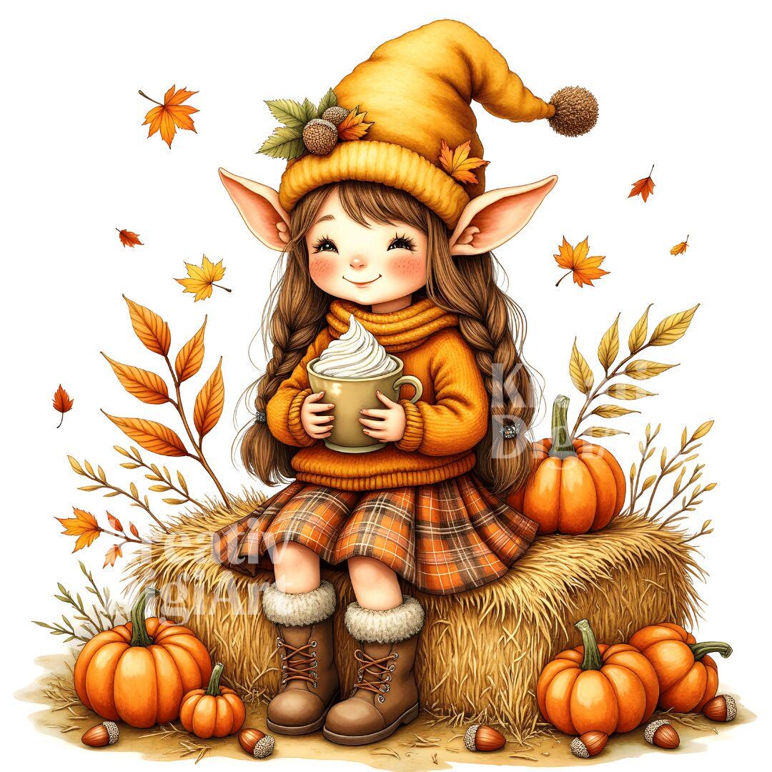 Autumn Gnome Girl Clipart, Watercolor Cute Rustic Fall Gnomes Sitting ...