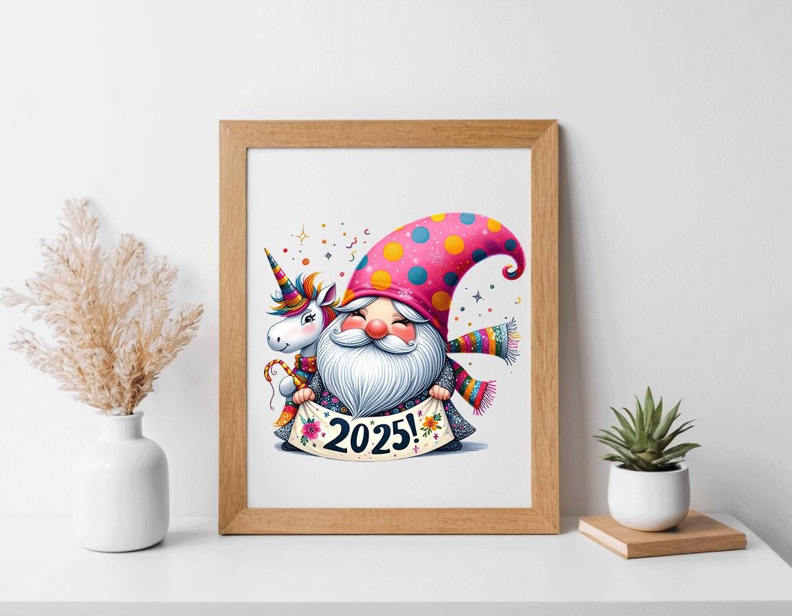 New Year 2025 Gnome PNG Clipart, Cute Gnome and Baby Unicorn ...