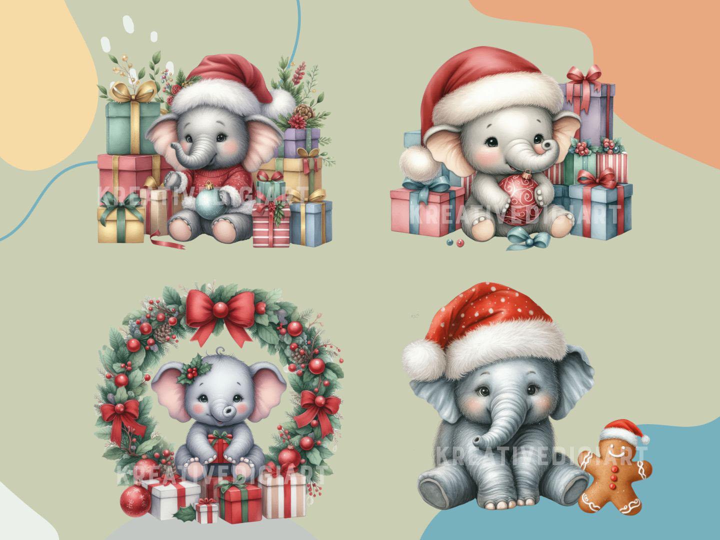 Christmas Elephants Clipart, Baby Elephants With Santa Hat, Cute Baby ...