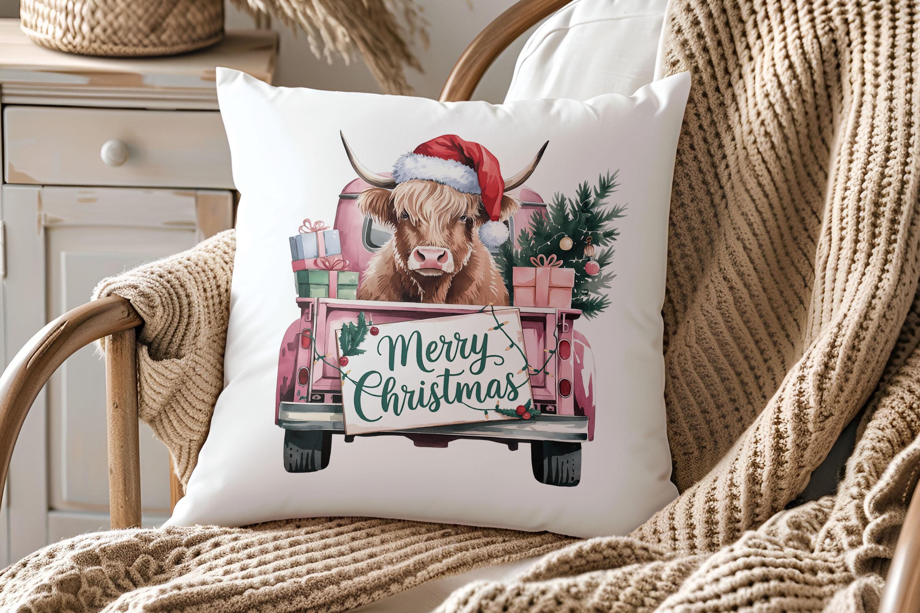 Pink Christmas Highland Cow PNG, Long Haired Shaggy Cow Vintage Truck ...