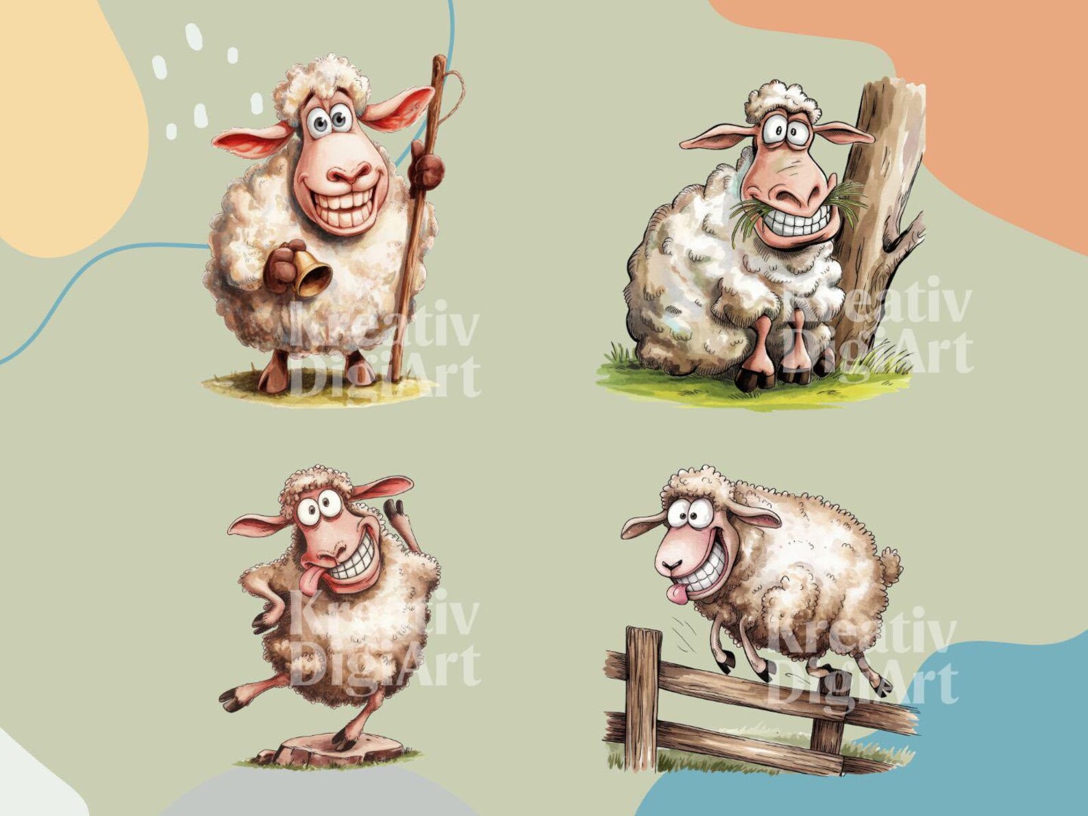 Funny Sheep Clipart Bundle, Quirky Sheep PNG Sublimation, Watercolor ...