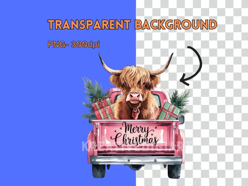 Pink Christmas Highland Cow PNG, Long Haired Shaggy Cow Vintage Truck ...