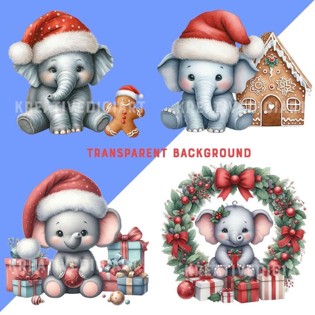 Christmas Elephants Clipart, Baby Elephants With Santa Hat, Cute Baby ...