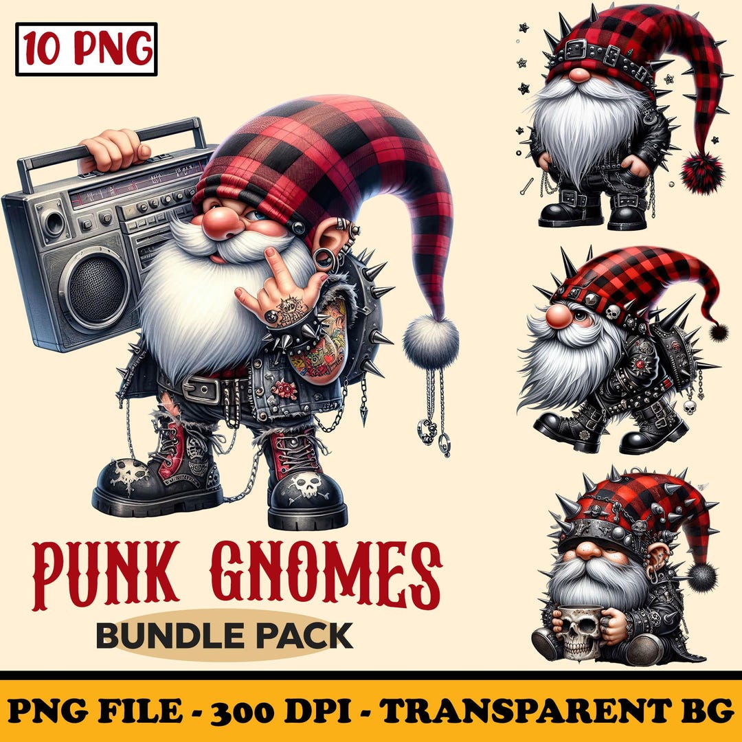 Punk Gnome Clipart Set, Watercolor Rocker Gnome PNG, Plaid Gnome ...