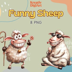 Funny Sheep Clipart Bundle, Quirky Sheep PNG Sublimation, Watercolor ...