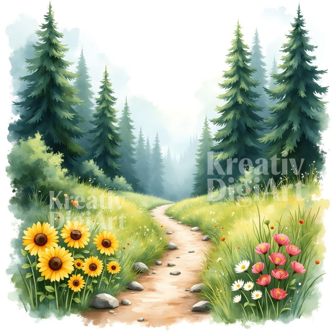 12 Watercolor Forest Path Clipart Bundle, Misty Evergreen Trees ...