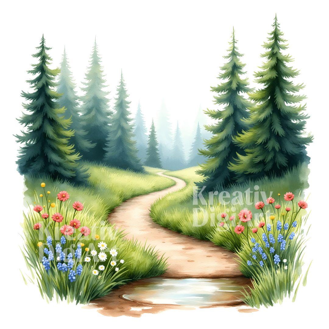 12 Watercolor Forest Path Clipart Bundle, Misty Evergreen Trees ...