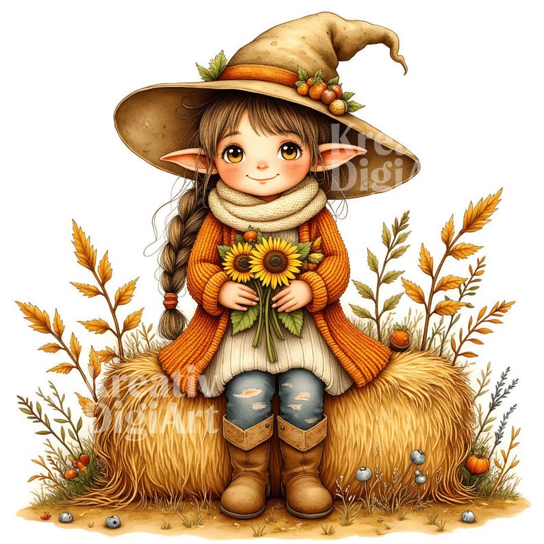 Autumn Gnome Girl Clipart, Watercolor Cute Rustic Fall Gnomes Sitting ...