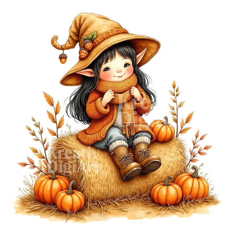 Autumn Gnome Girl Clipart, Watercolor Cute Rustic Fall Gnomes Sitting ...