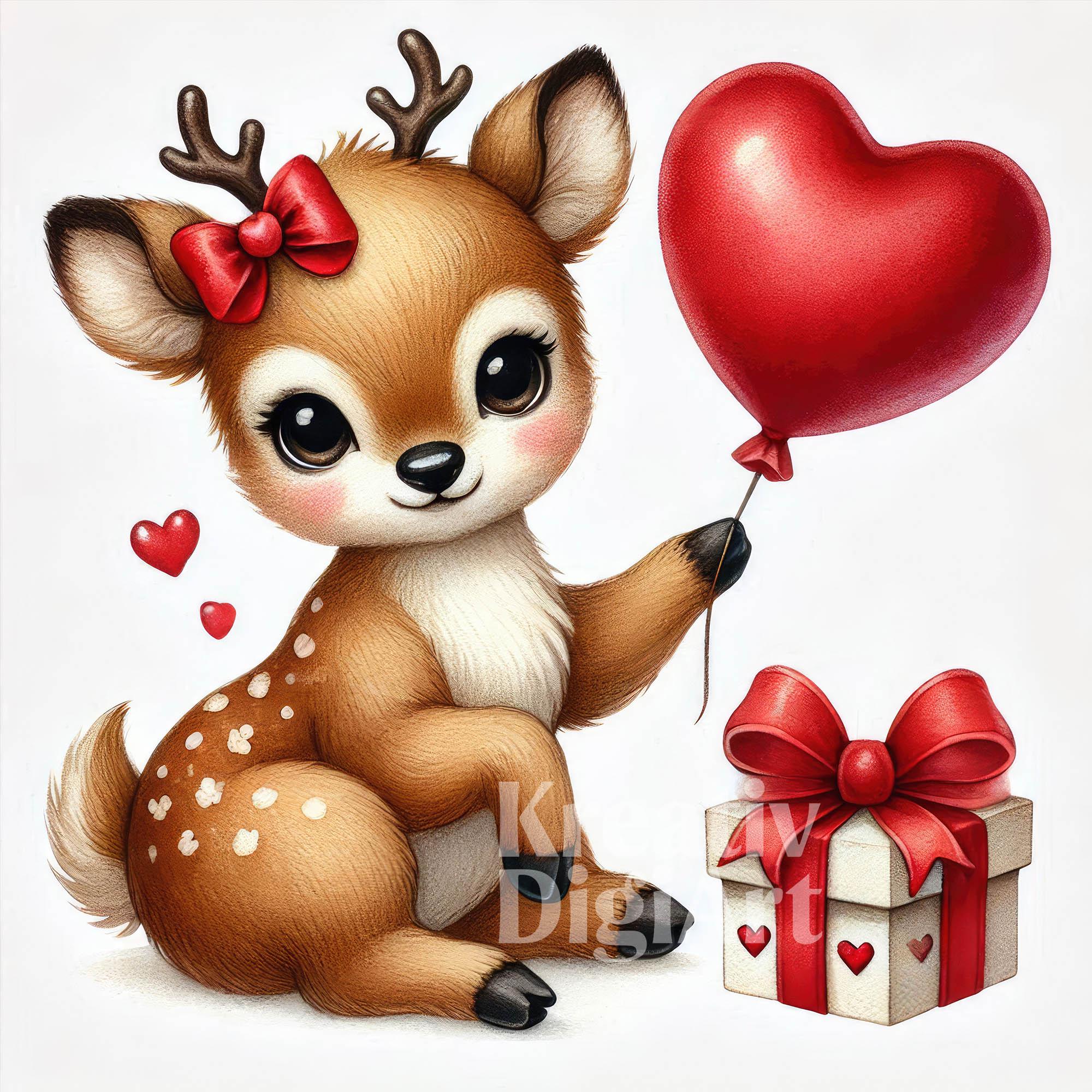 Valentine Baby Animal Clipart, Cute Animals Holding Heart Balloons, Red ...