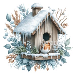 Winter Birdhouse Clipart, Watercolor Birdhouse PNG, Floral Bird House ...