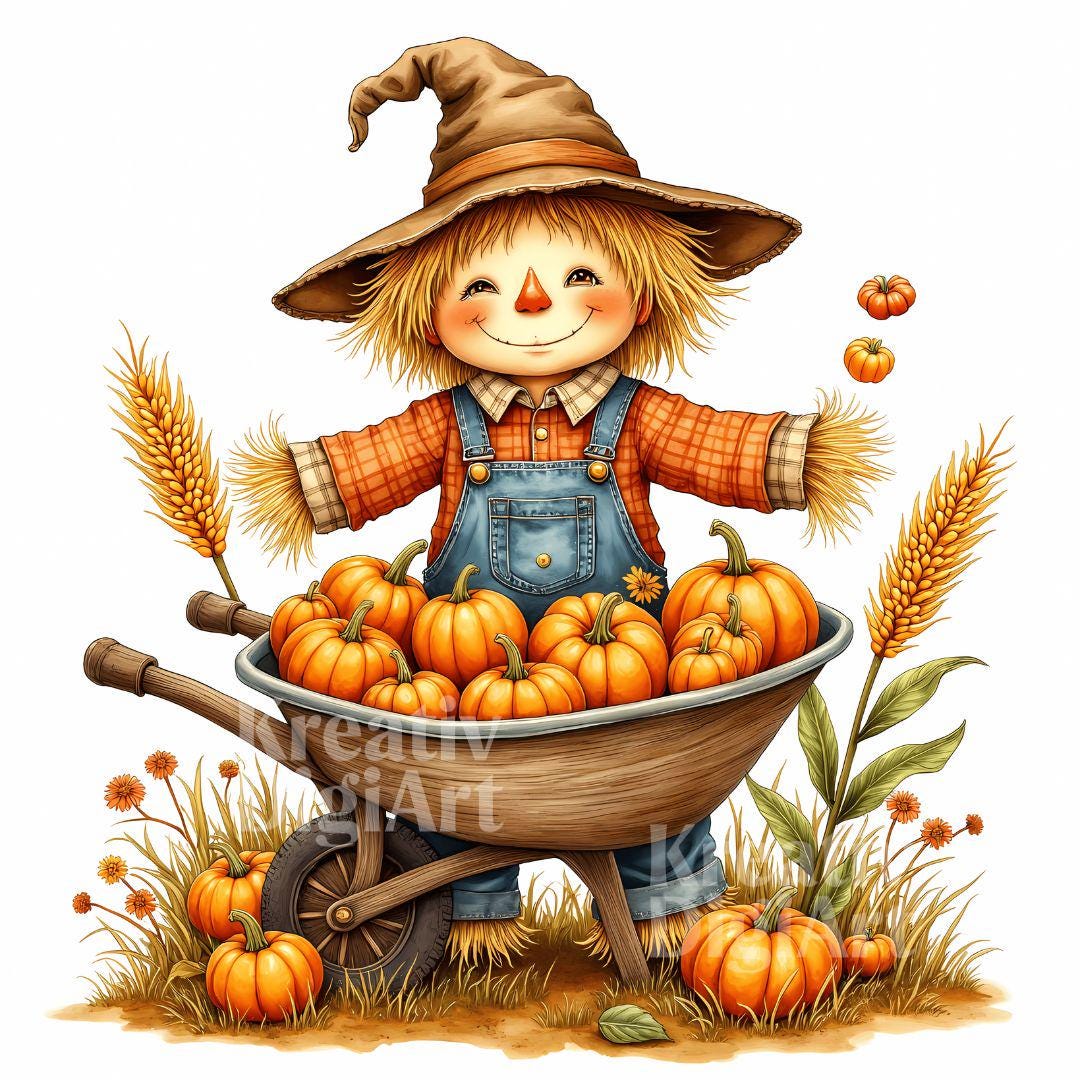 Watercolor Cute Scarecrow Clipart, Fall Harvest Autumn Pumpkins ...