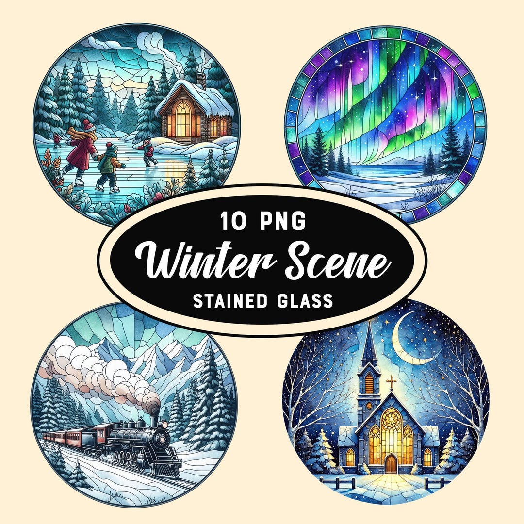 Winter Scene Stained Glass Clipart, Winter Landscape PNG, Snowflake ...