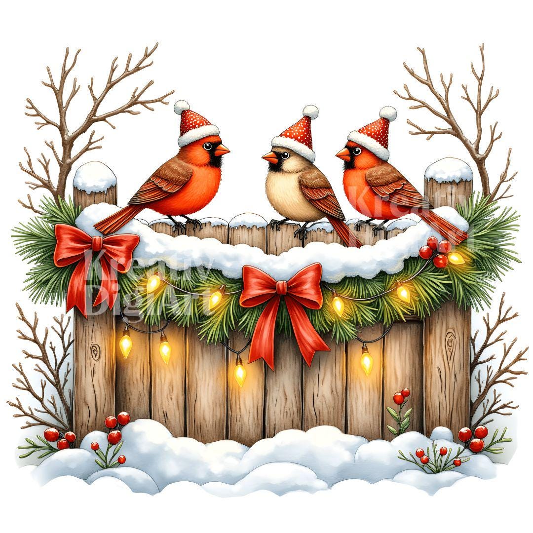 12 Christmas Cardinal Clipart, Watercolor Snowy Fence, Holiday Red ...