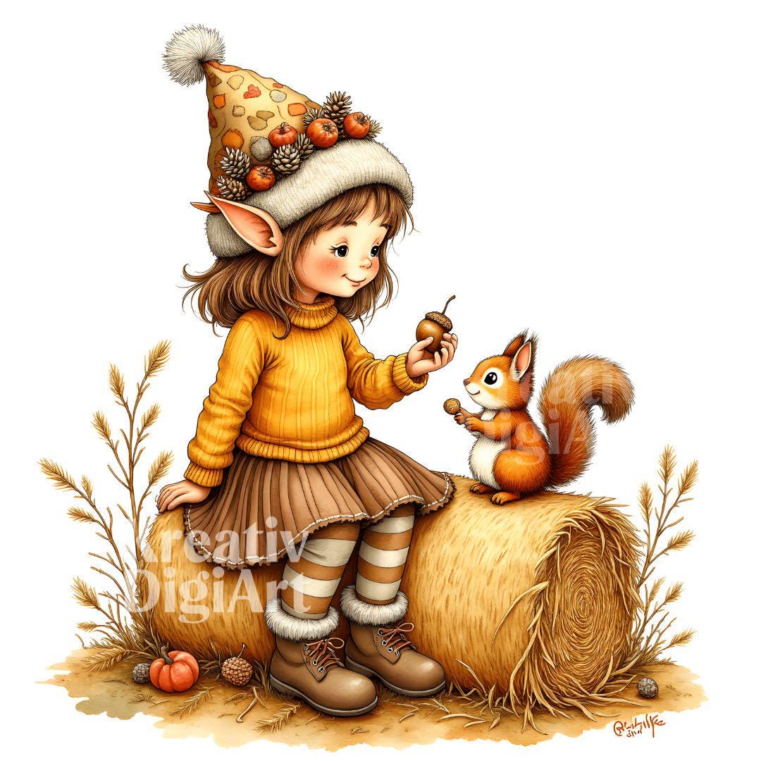 Autumn Gnome Girl Clipart, Watercolor Cute Rustic Fall Gnomes Sitting ...