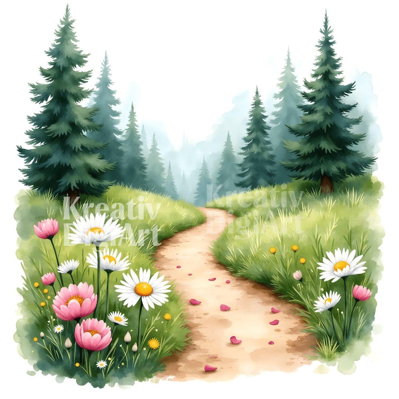12 Watercolor Forest Path Clipart Bundle, Misty Evergreen Trees ...