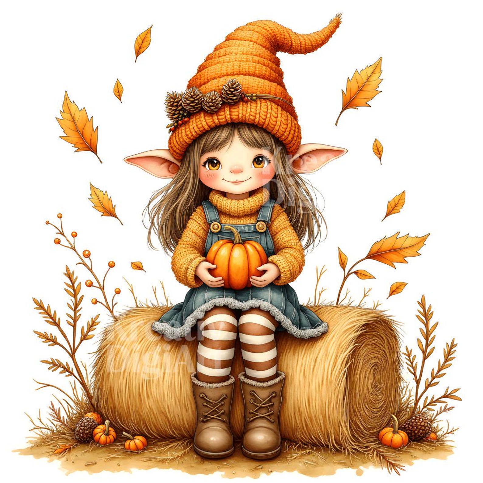 Autumn Gnome Girl Clipart, Watercolor Cute Rustic Fall Gnomes Sitting ...