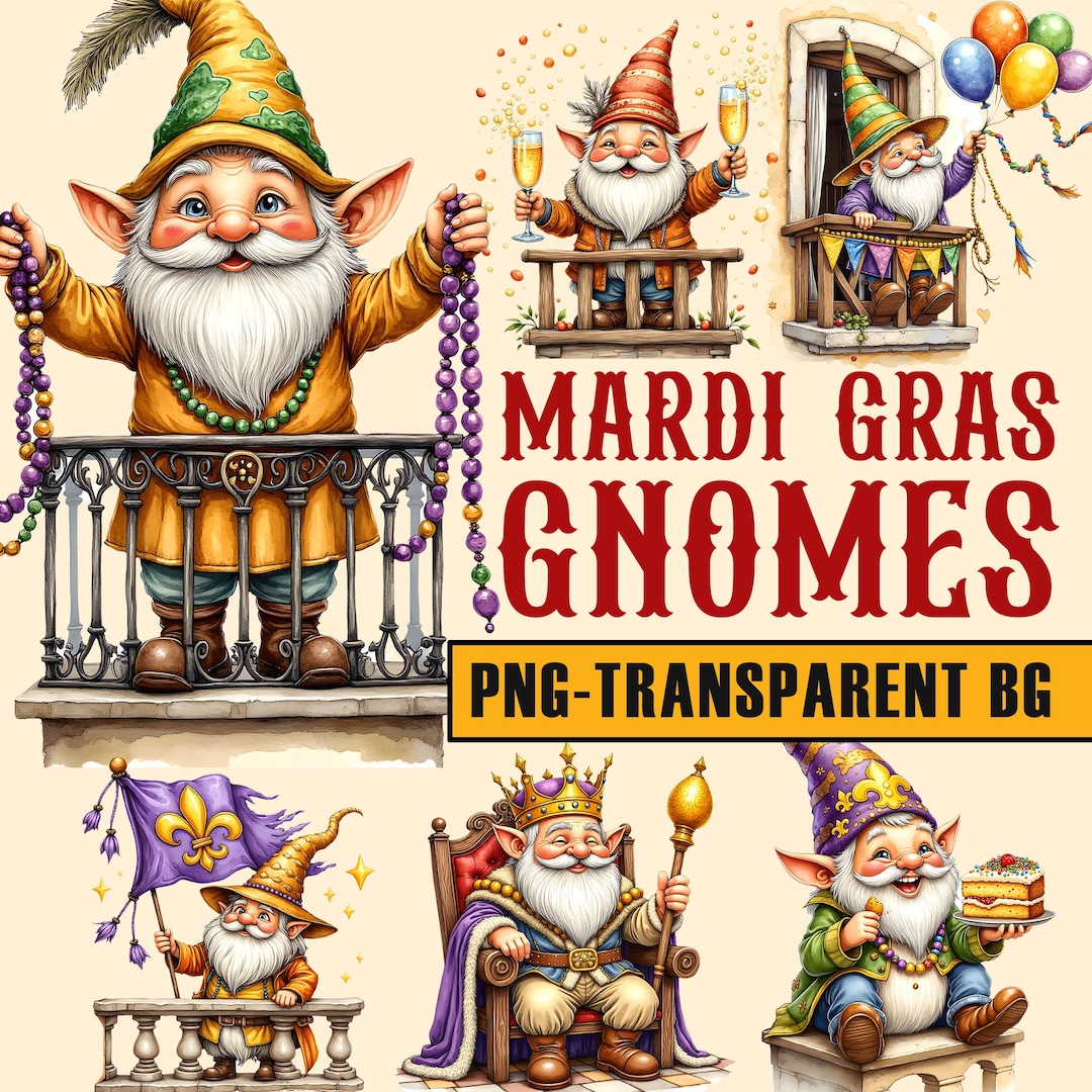 Mardi Gras Gnome Clipart Bundle, Watercolor Balcony Gnomes PNG ...