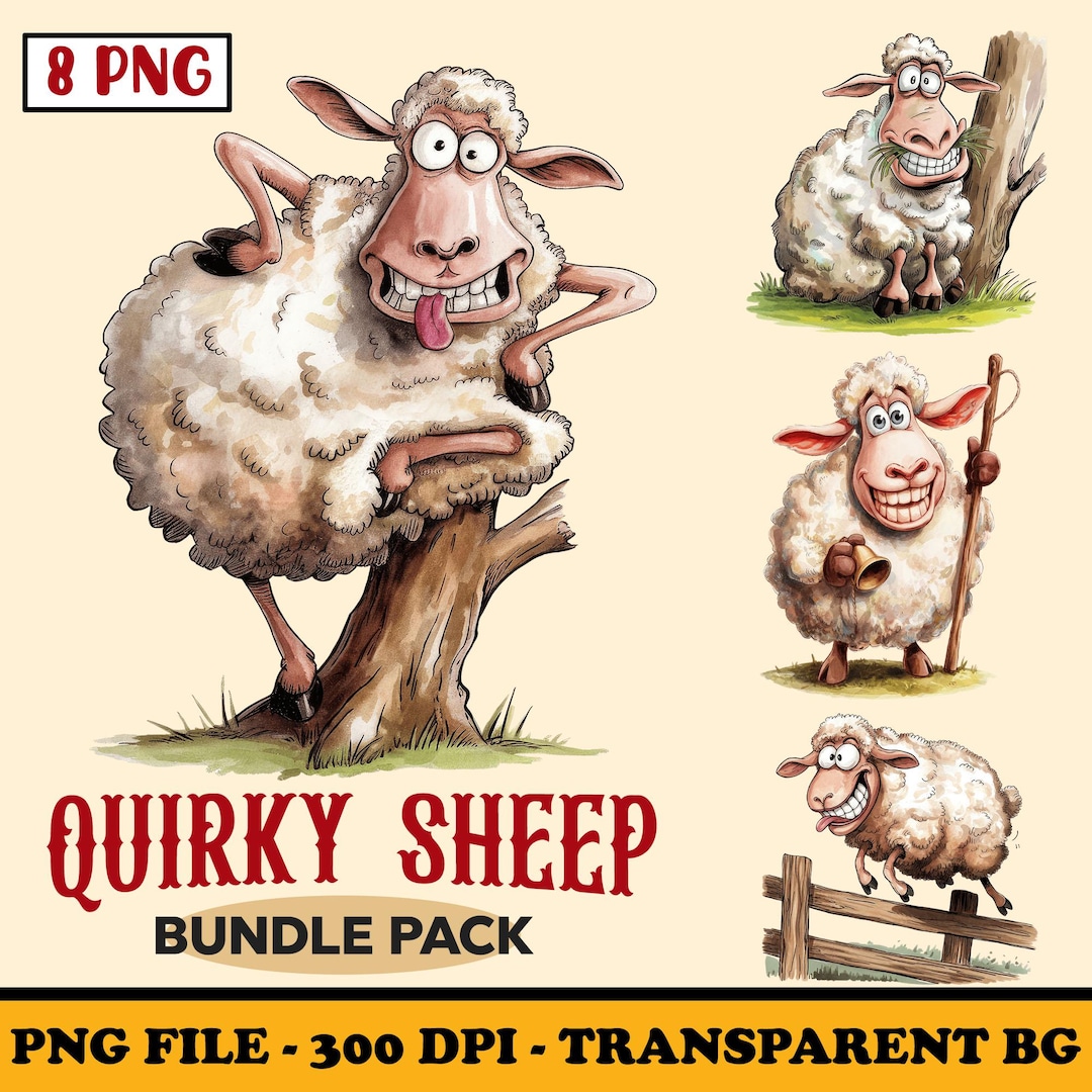 Funny Sheep Clipart Bundle, Quirky Sheep PNG Sublimation, Watercolor ...
