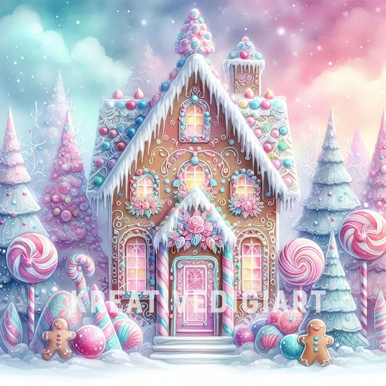 Pastel Gingerbread House Clipart, Pink Winter Wonderland, Whimsical ...