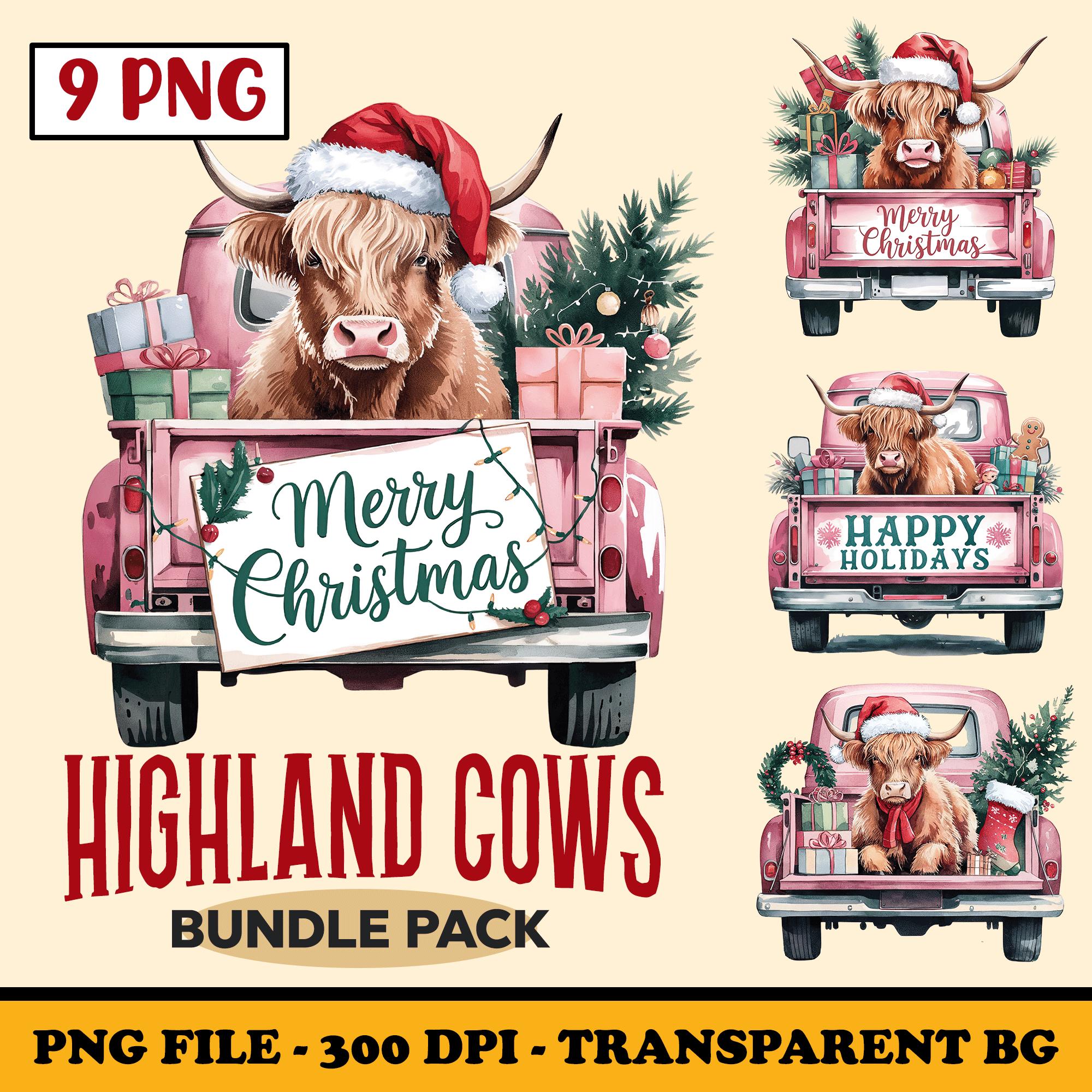 Pink Christmas Highland Cow PNG, Long Haired Shaggy Cow Vintage Truck ...