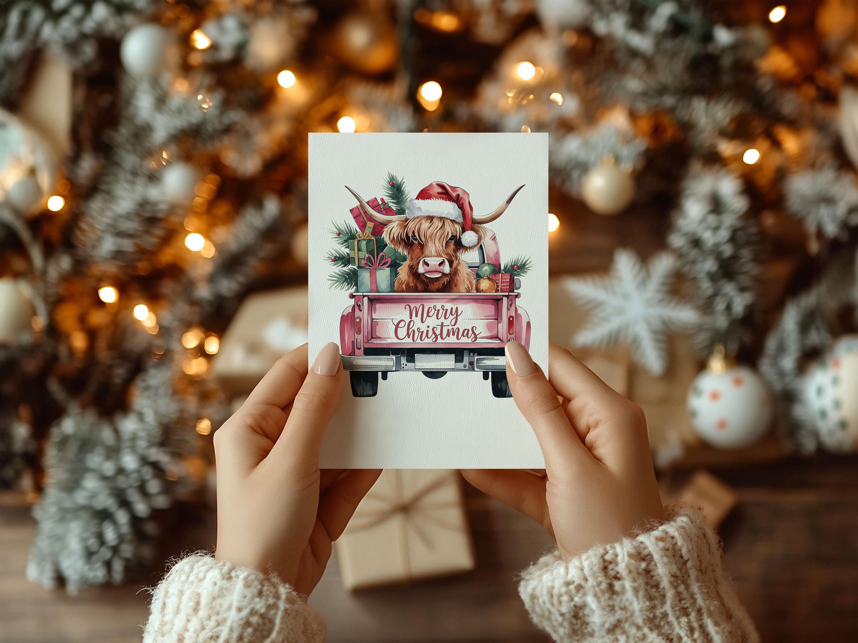 Pink Christmas Highland Cow PNG, Long Haired Shaggy Cow Vintage Truck ...
