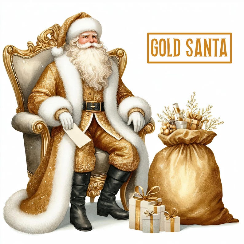 Gold Santa Claus Clipart, Watercolor Gold Christmas Tree JPG for Junk ...