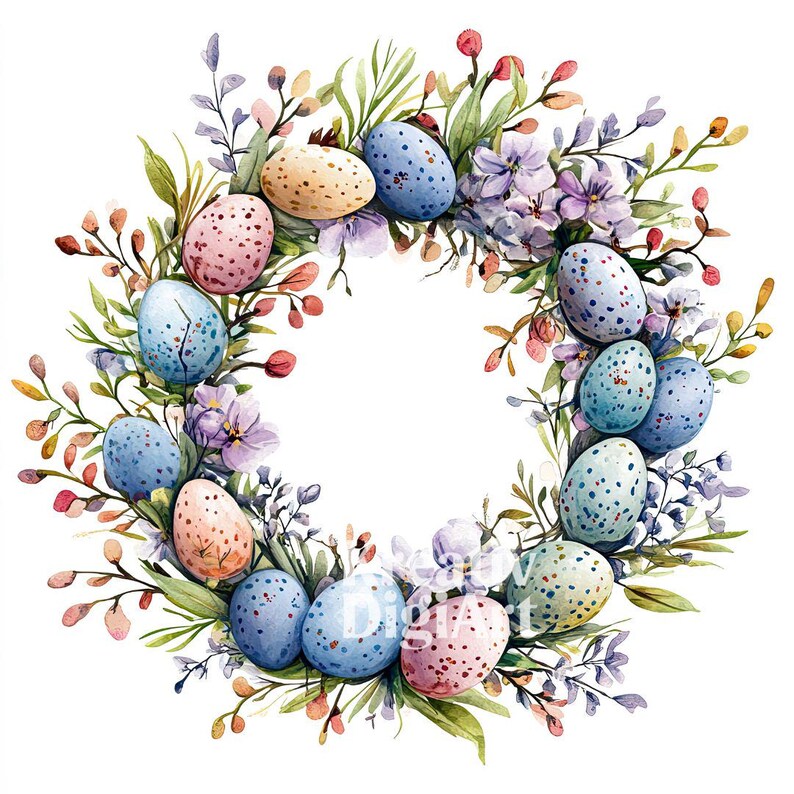 12 Easter Wreath Clipart, Watercolor Spring Floral Egg Wreath JPG ...